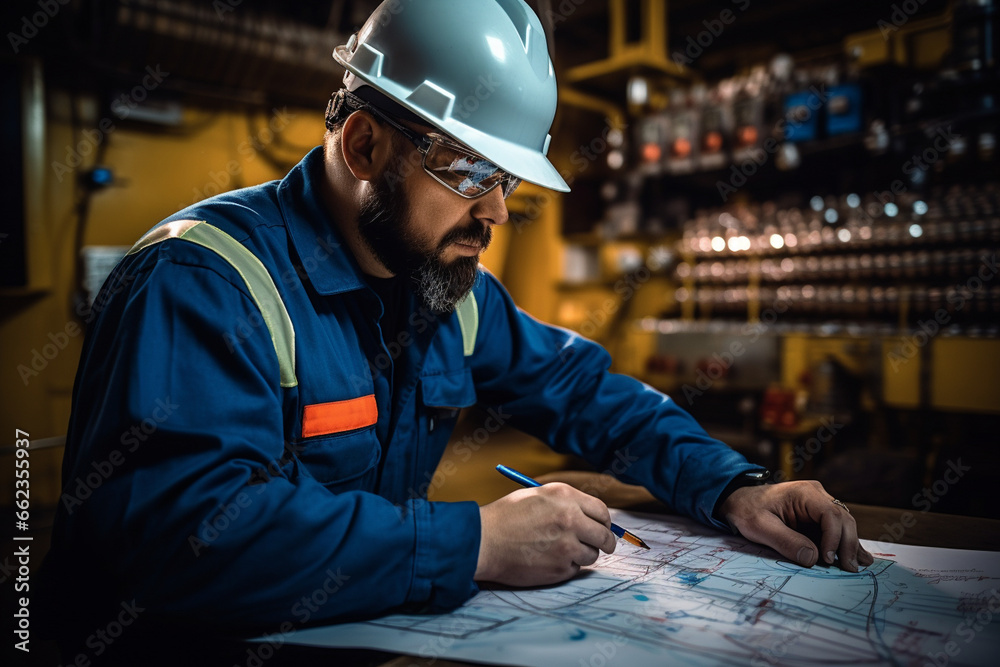 Deep within the oil rig, a male engineer reviews complex diagrams and ...