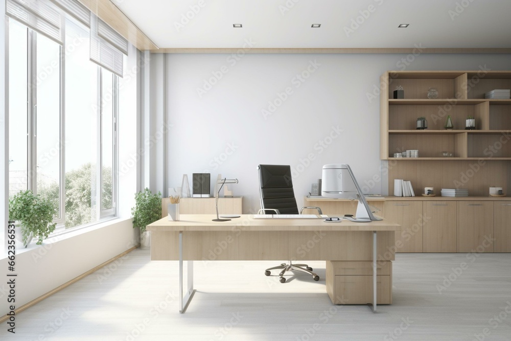 Bright CEO office with workspace, cabinet, and window. Featuring a ...