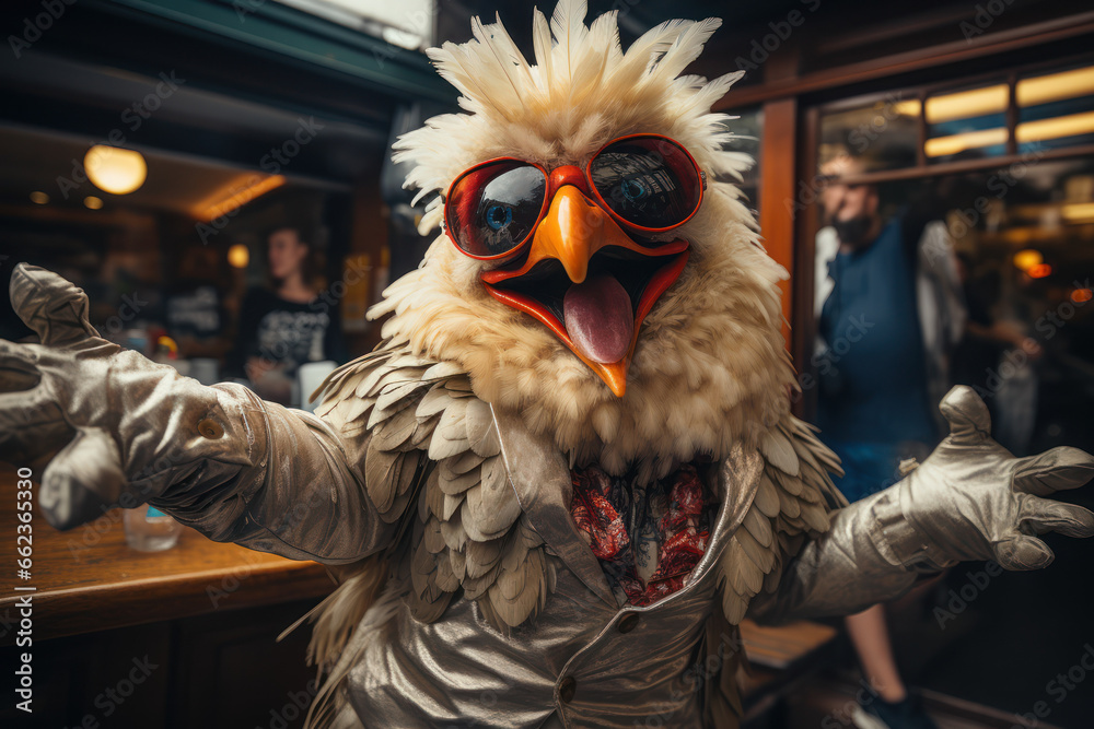 A person wearing a chicken costume doing a goofy dance, spreading ...