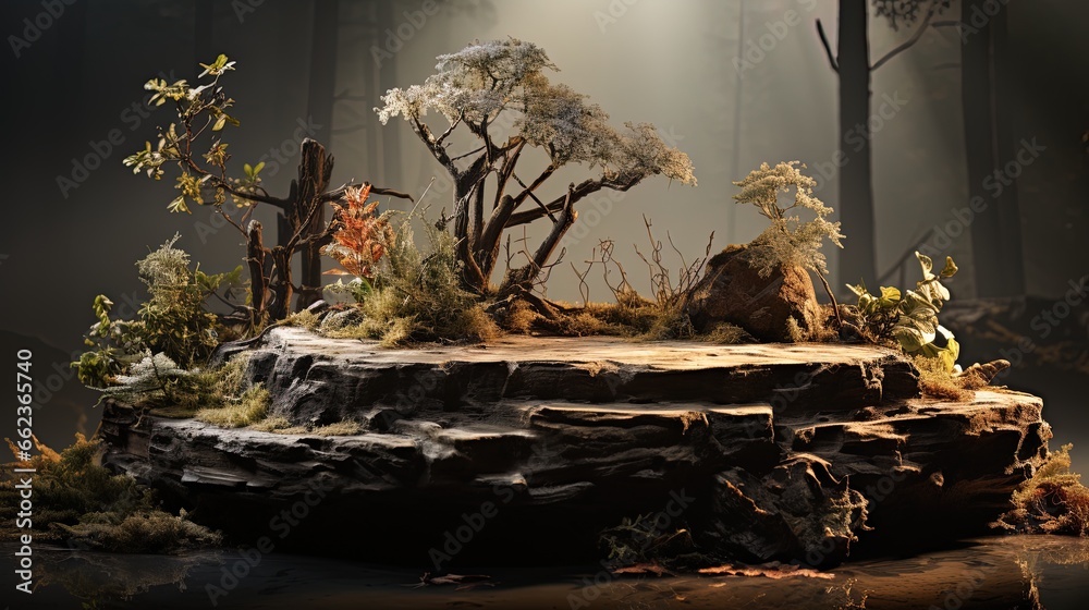 Autumnal scene with small tree growing on a tree stump in the forest ...