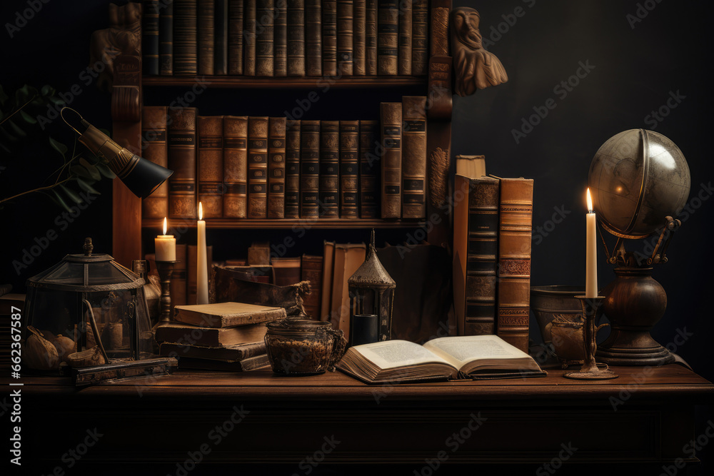 Dark Academia - Vintage study room with classic books, quills, and dark ...