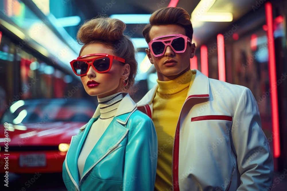 Retro Futurism - Individuals in 80s attire against a tech-inspired neon ...