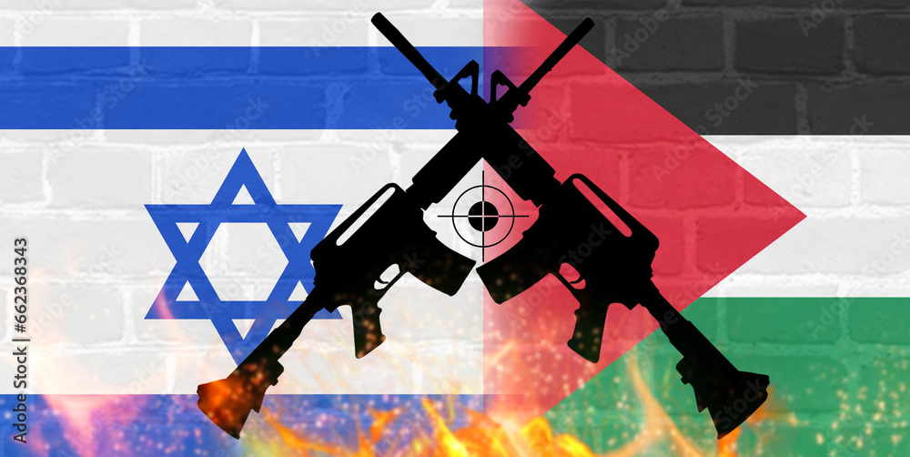 Israel and Palestine war concept. background flags with fire and wall ...
