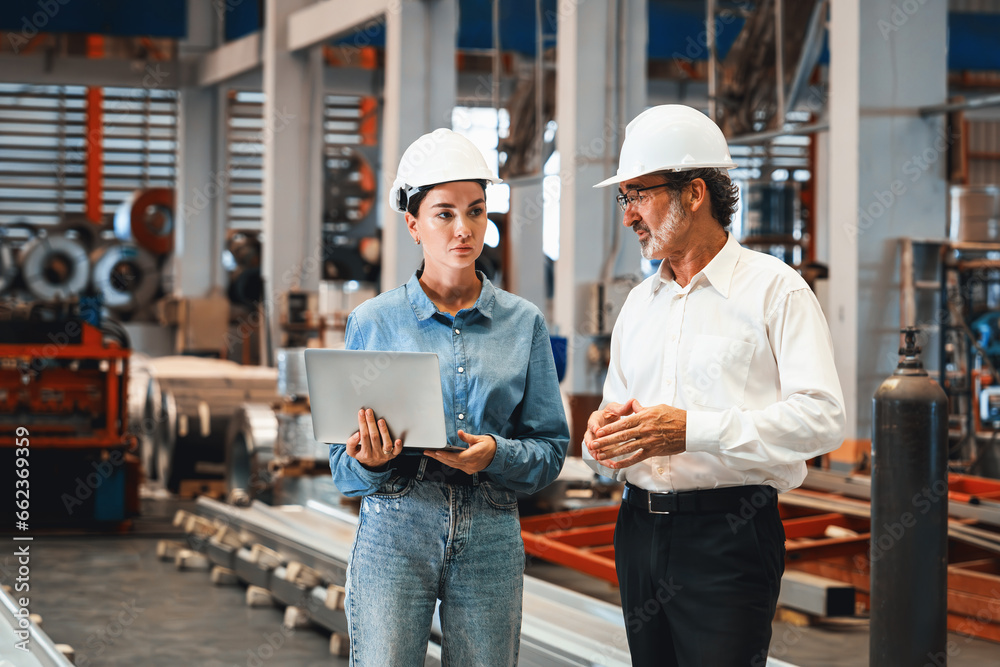 Factory manager or executive make visit metalwork manufacturing factory ...