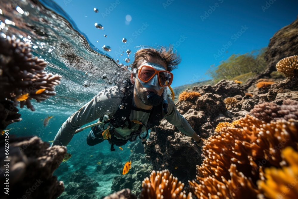 A captivating underwater shot of a snorkeler exploring a vibrant coral ...