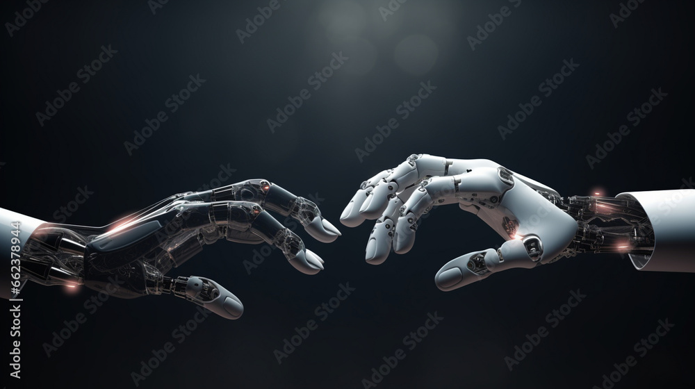 hands of two robots touching each other, artificial intelligence training concept. Generated AI ...