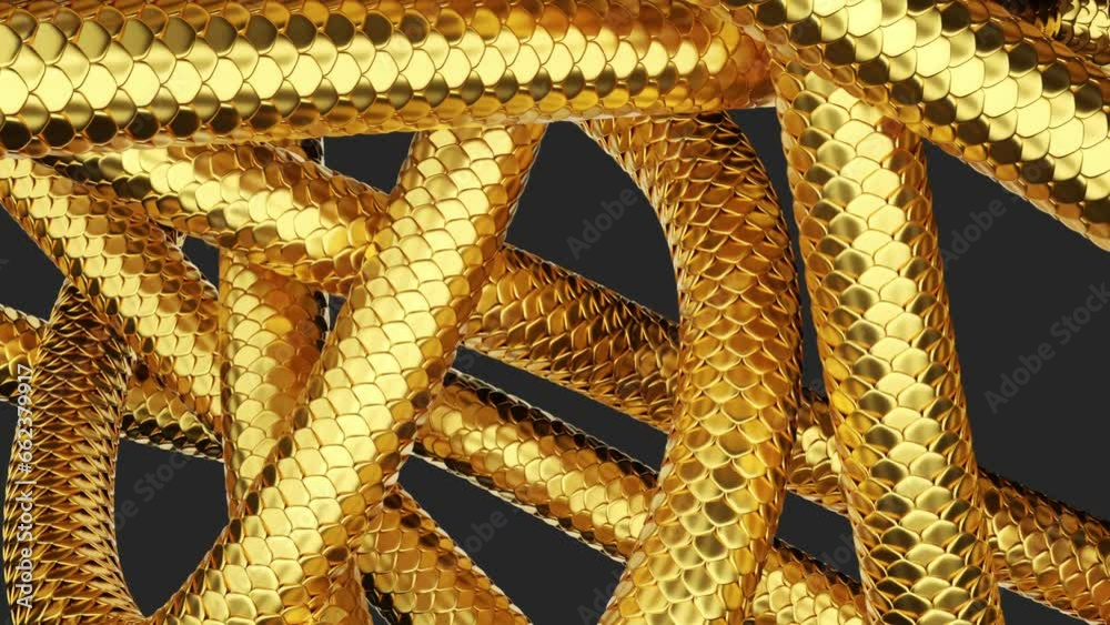 Golden metallic snakes twist in a 3D abstract, with shimmering scales ...