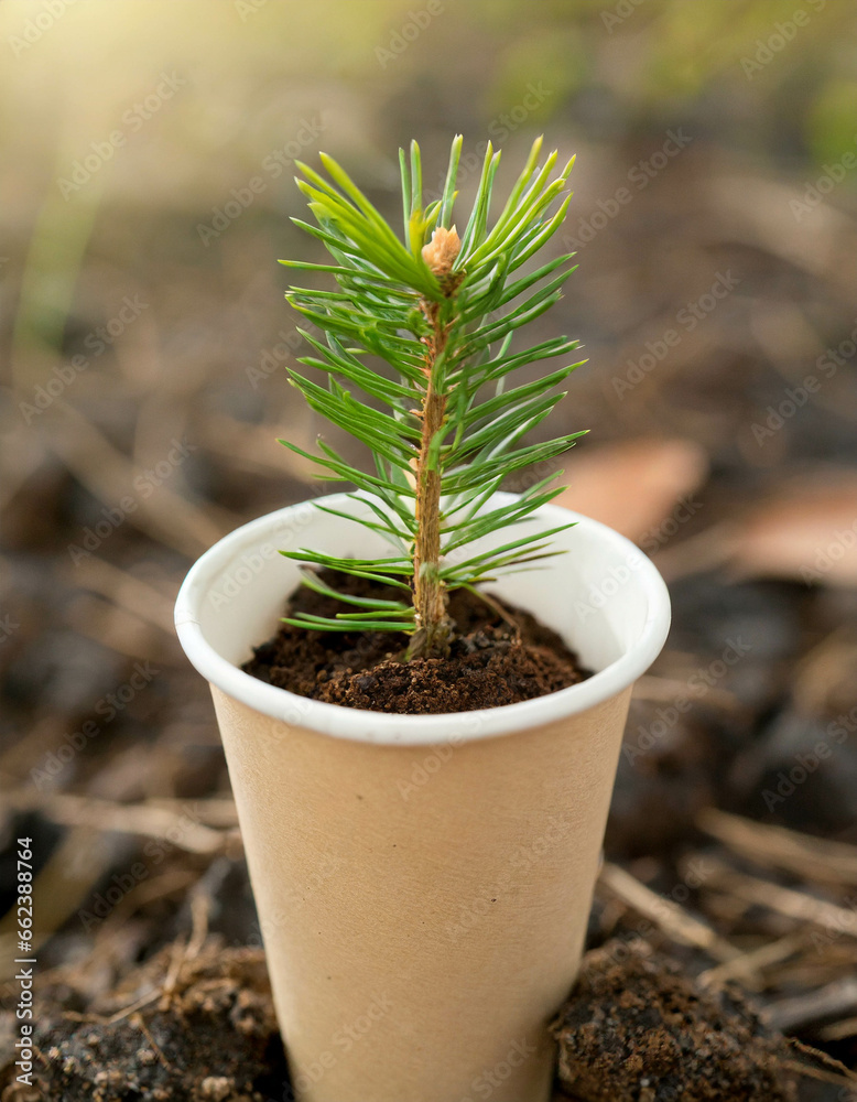 A pine sapling planted in a coffee cup tells a story about the paper ...