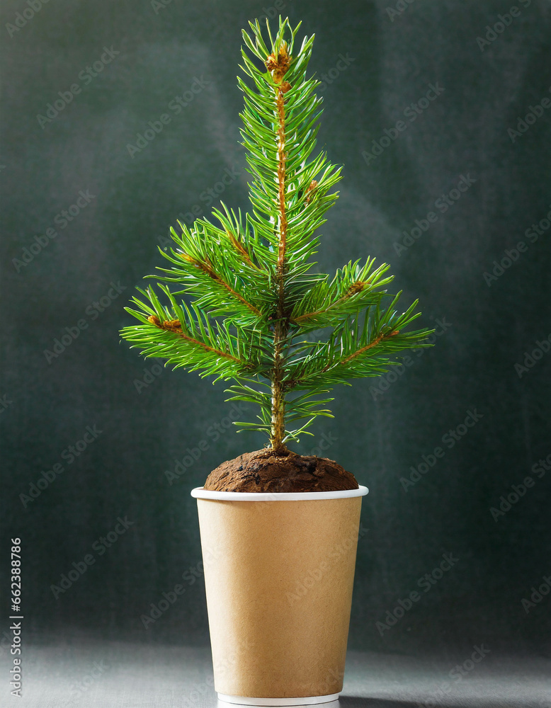 A young pine tree sprouting from a paper cup symbolizes the seamless ...