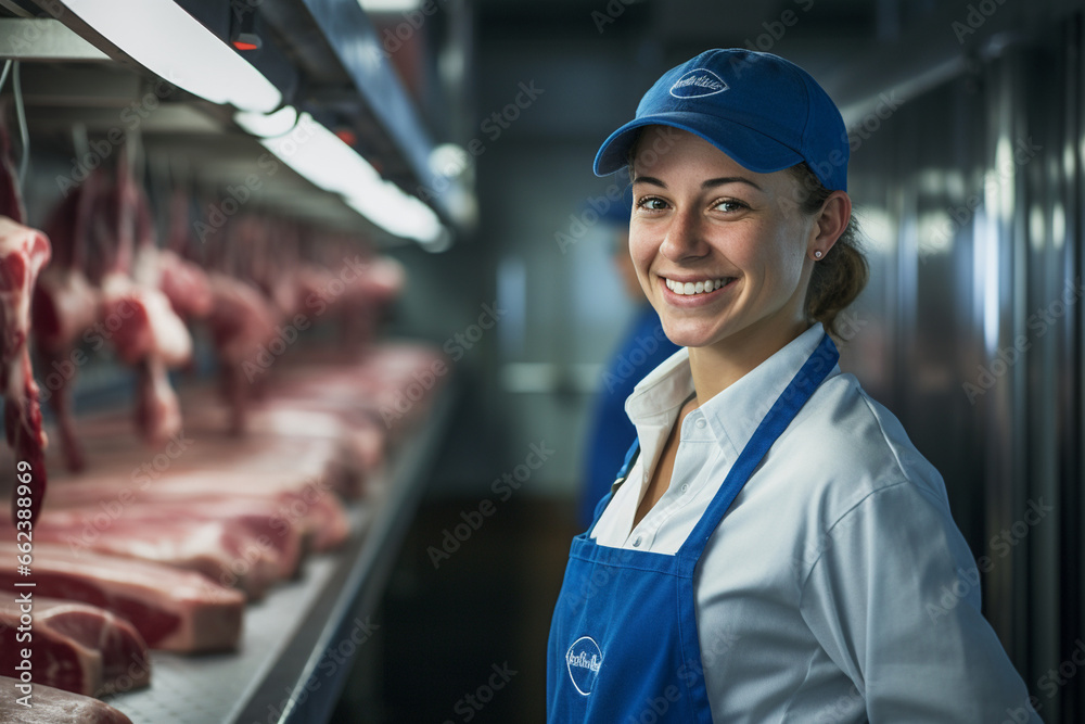 In the refrigerated area of the meat processing plant, a woman with ...