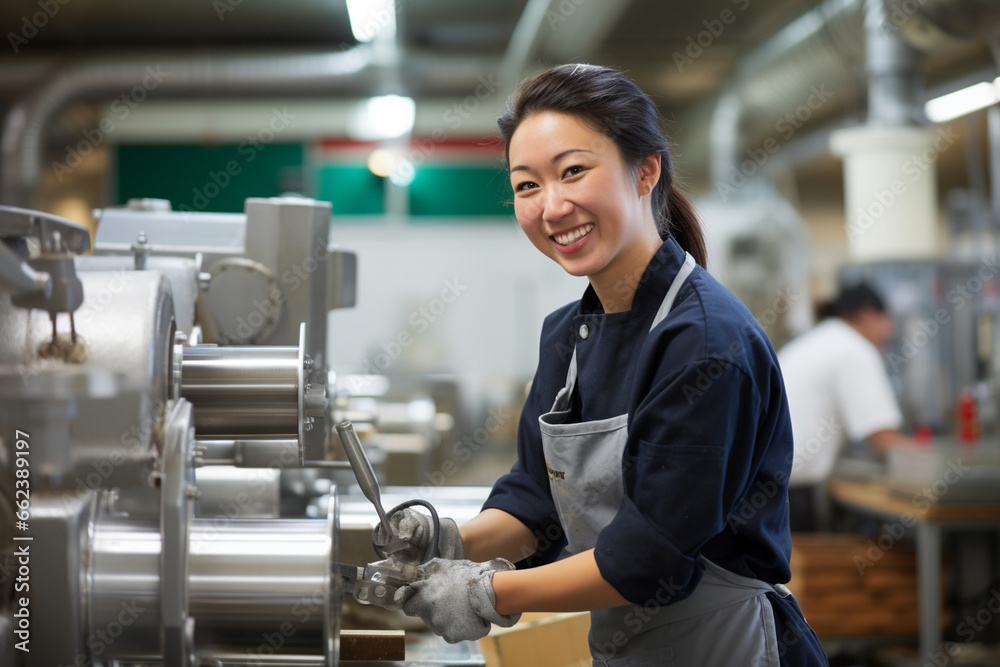 Against a backdrop of stainless steel equipment, a woman smiles as she ...