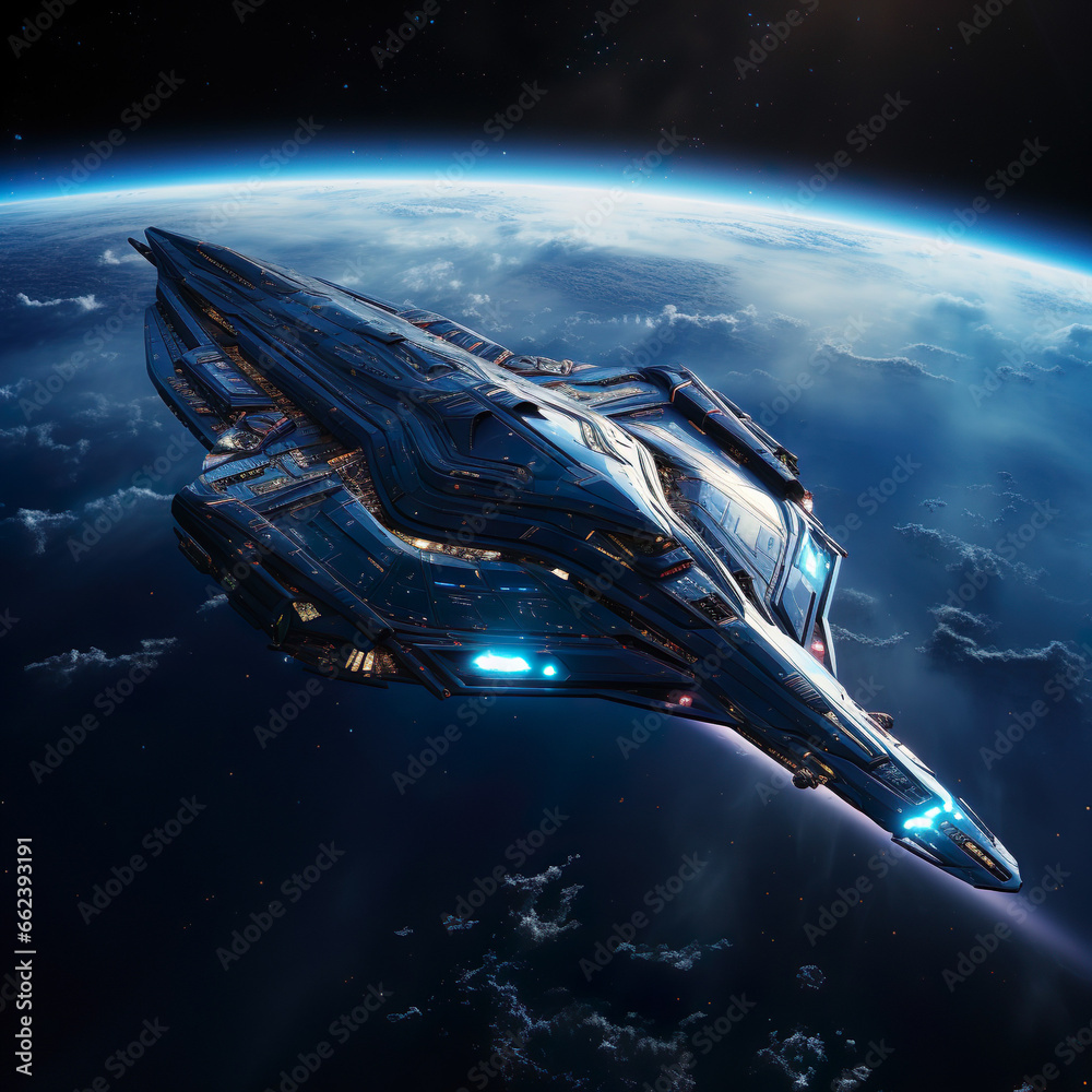 A massive military battlecruiser starship prepared to face its enemies ...