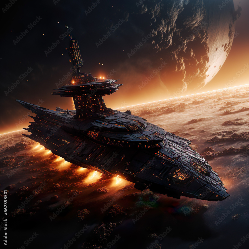 A massive military battlecruiser starship prepared to face its enemies ...