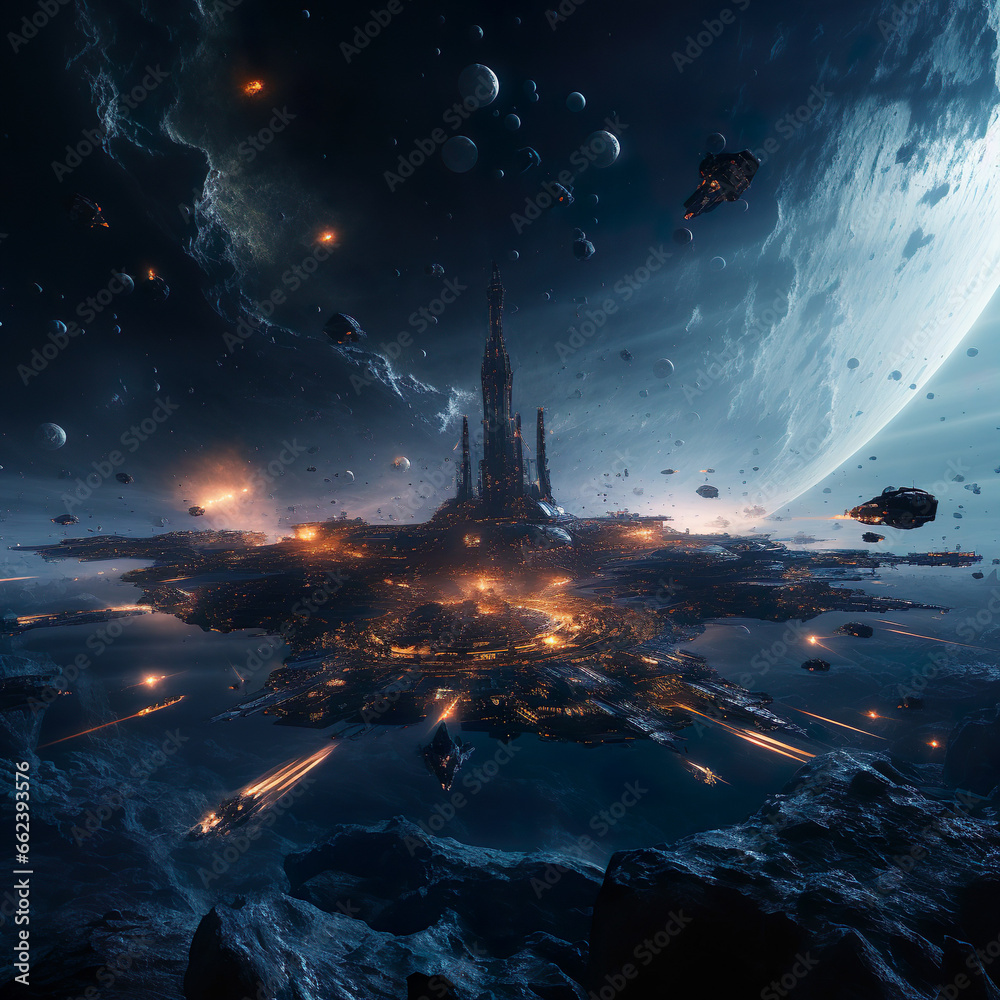 Fleet of military space ships engaging in a battle in space Stock ...