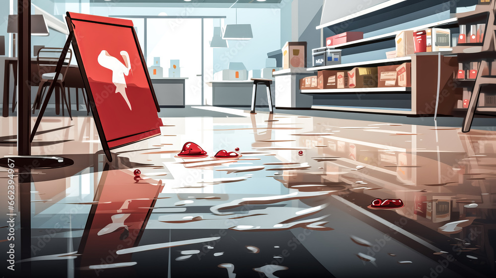 A person slips and falls in a grocery store, surrounded by scattered ...