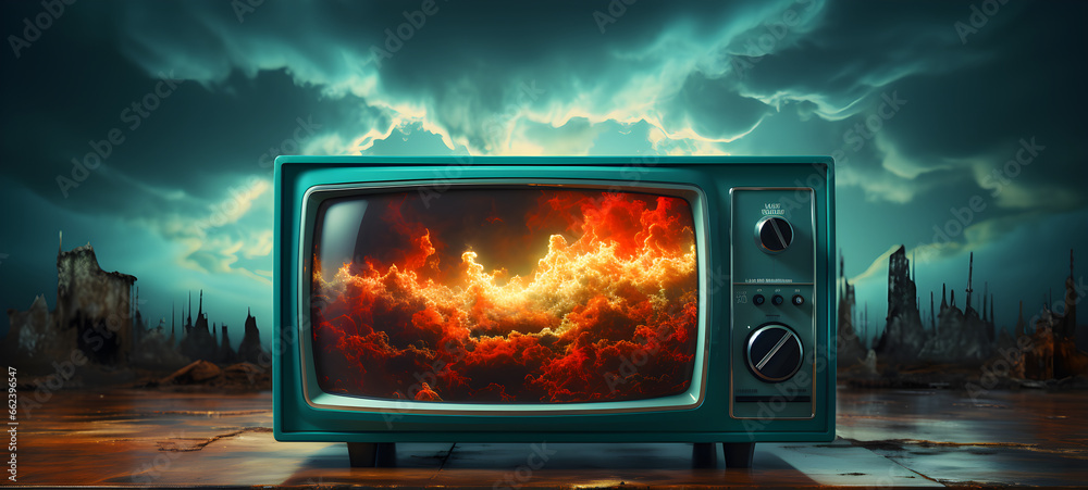 80s Retro wave style background displayed on vintage computer screen ...