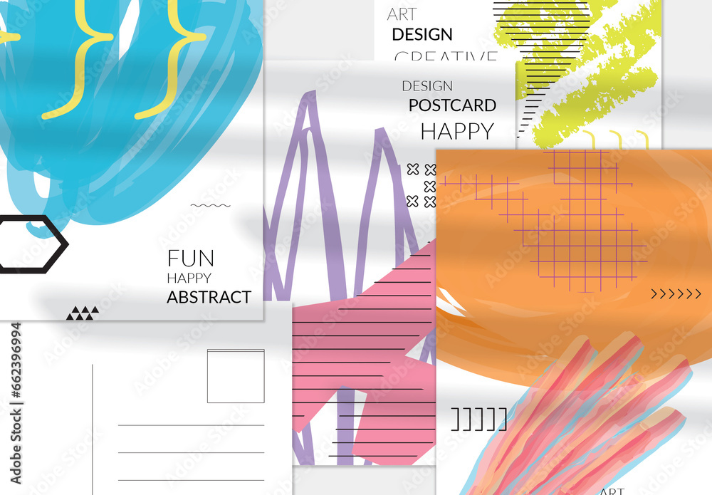 Postcard Layout with Hand Drawn Abstract Floral Doodles and Geometric ...