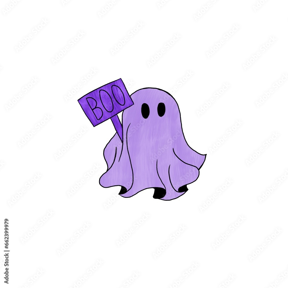 Flat freehand Halloween illustration with ghost. Happy ghost characters ...