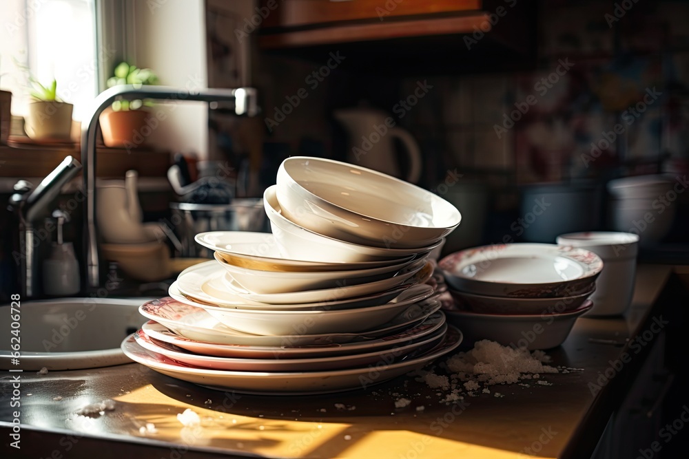 Messy pile of dirty plates, dishes and cutlery after eating at home ...