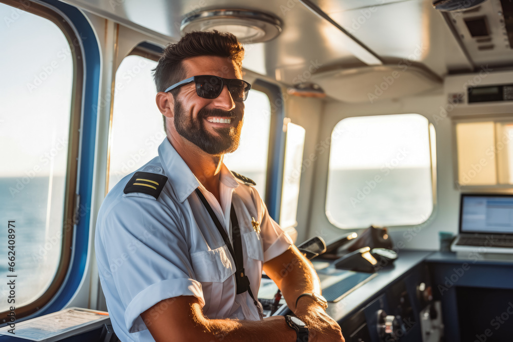 Foto de Captain on a cargo ship. Young confident attractive captain on ...