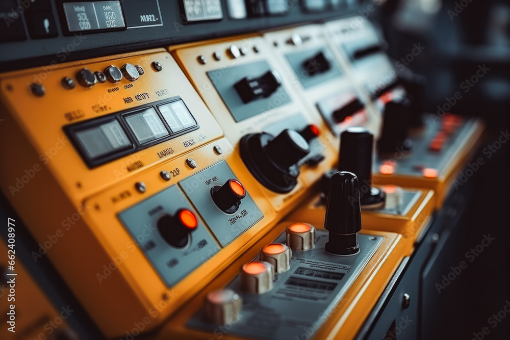 Control panel of industrial cargo ship closeup photo. Unfocused image ...