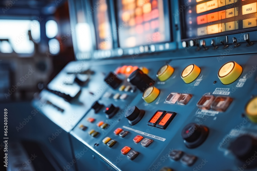 Control panel of industrial cargo ship closeup photo. Unfocused image ...