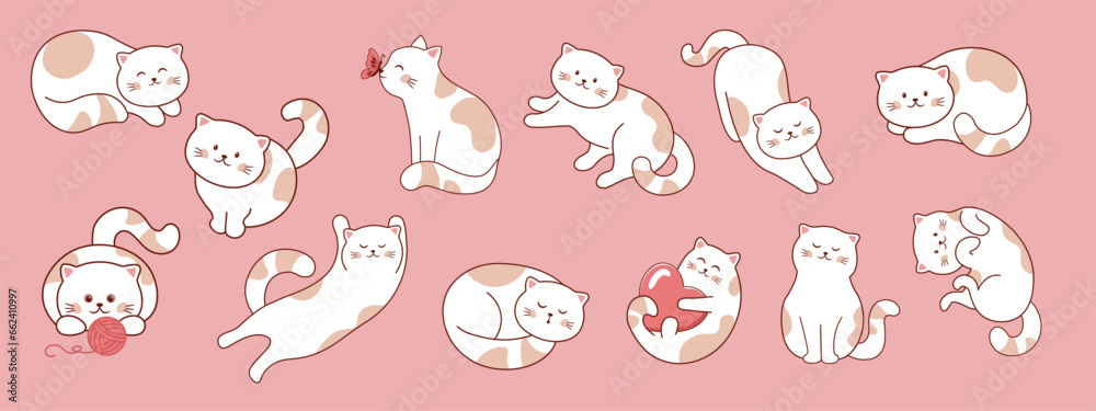 Cartoon Cat Set With Different Poses Vector Illustration Character