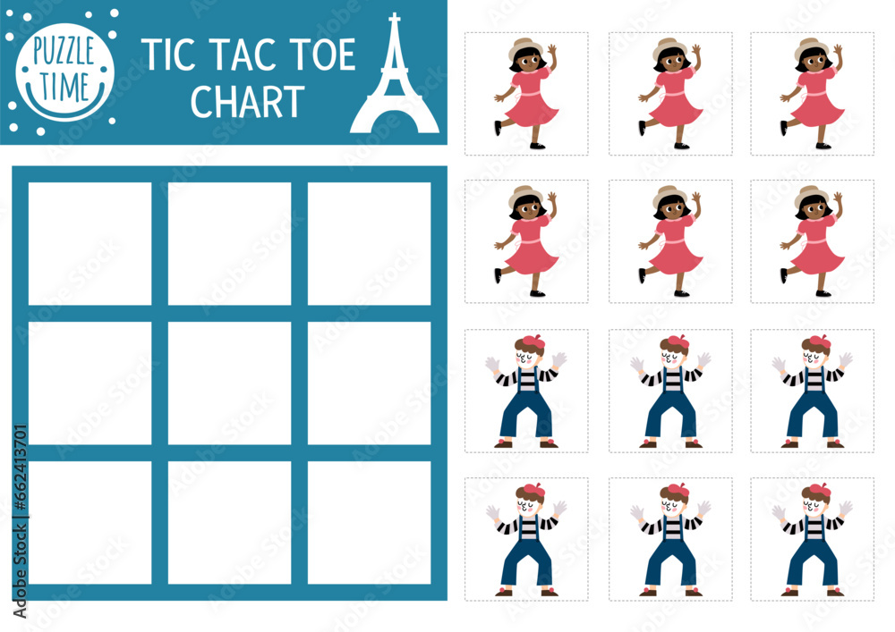 Vector France tic tac toe chart with girl in beautiful dress and mime ...