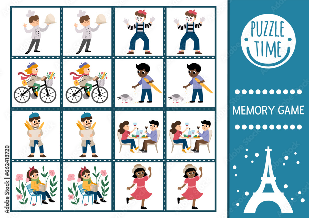 Vector France memory game cards with cute French people. Matching ...