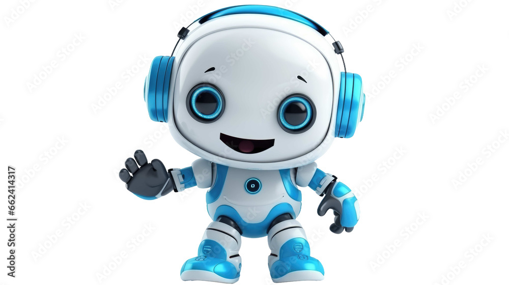 Cute white robot raising his hands in greeting on transparent ...