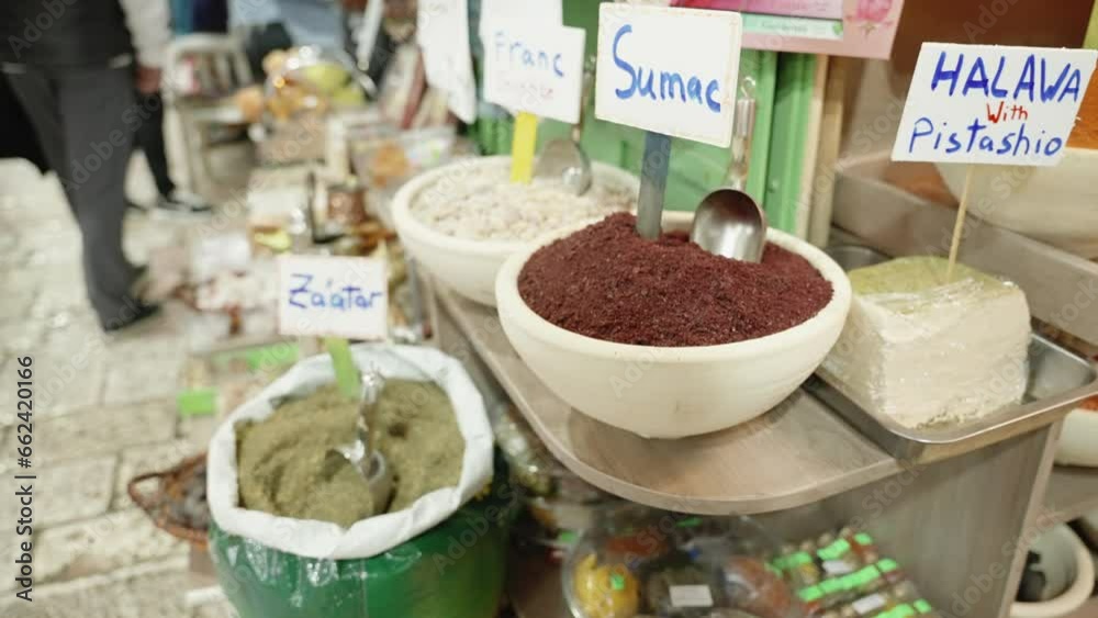 Colorful middle east spices and food condiments in Jerusalem street ...