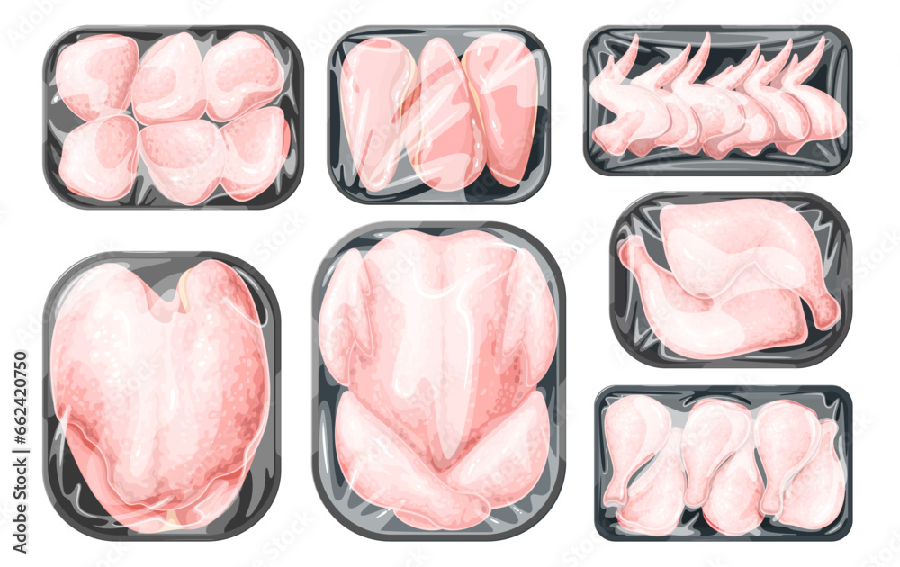 Chicken raw parts in plastic trays set vector illustration. Cartoon ...