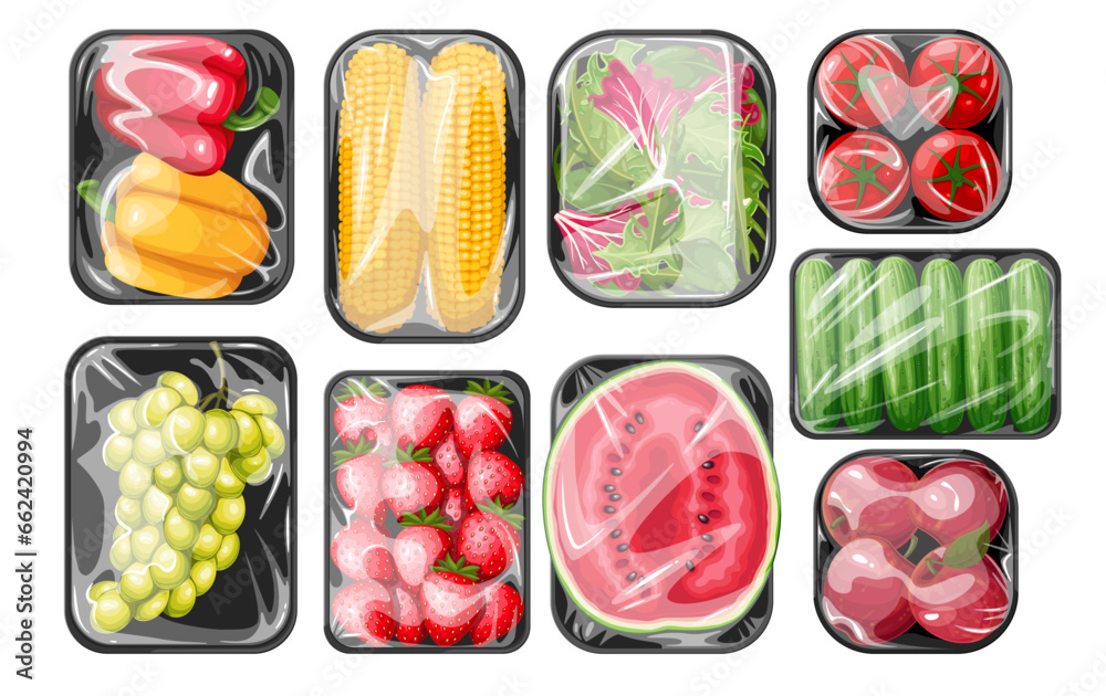 Fresh vegetables and fruit in polyethylene wrapping and plastic trays ...