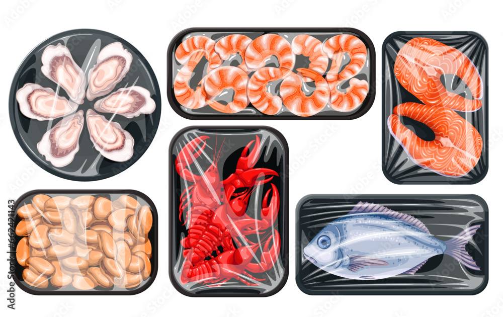 Seafood in plastic trays set vector illustration. Cartoon isolated ...
