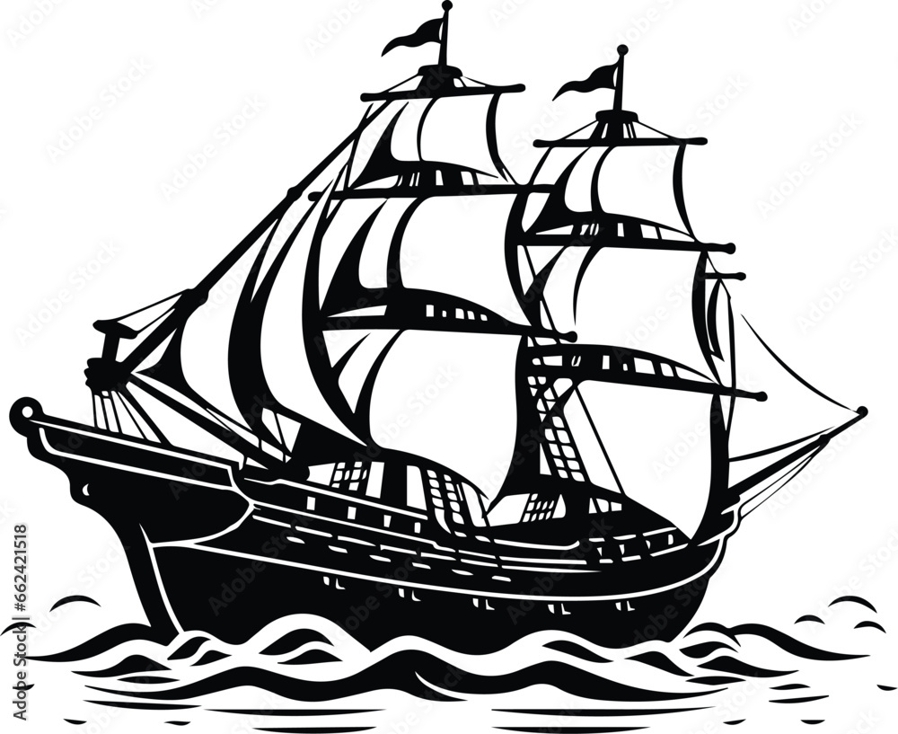 Old Time Pirate Ship Logo Monochrome Design Style Stock Vector | Adobe ...