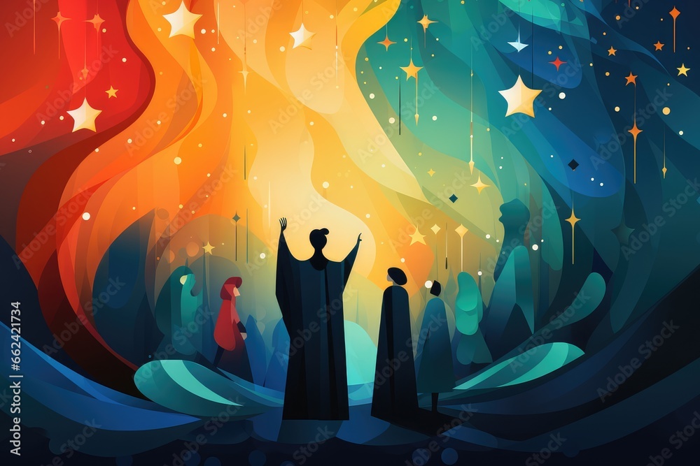 Catholic night scene with prayer and mass in the church. Abstract ...