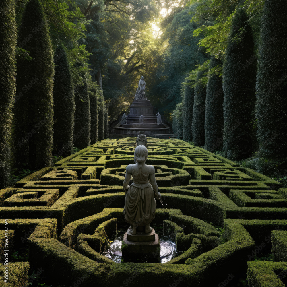 Secret garden with a labyrinth of hedges and hidden statues Stock ...