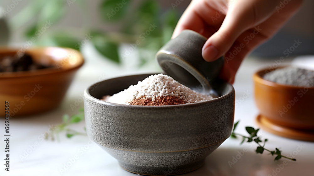 Delve into the world of spices with a close-up view of hand-grinding ...