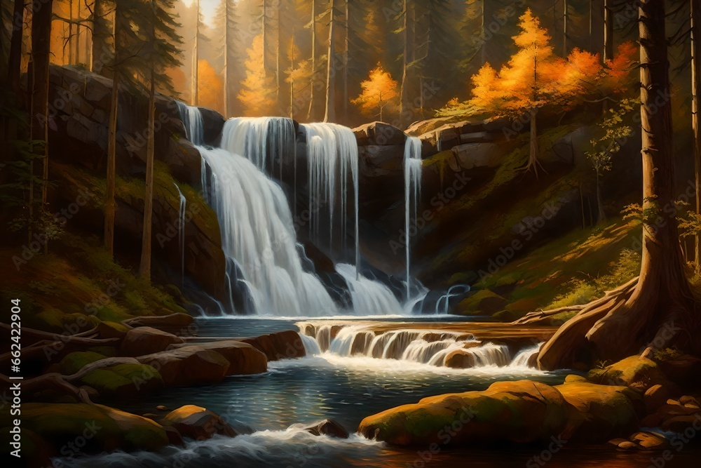 waterfall in autumn forest A waterfall, a force of nature in perpetual ...