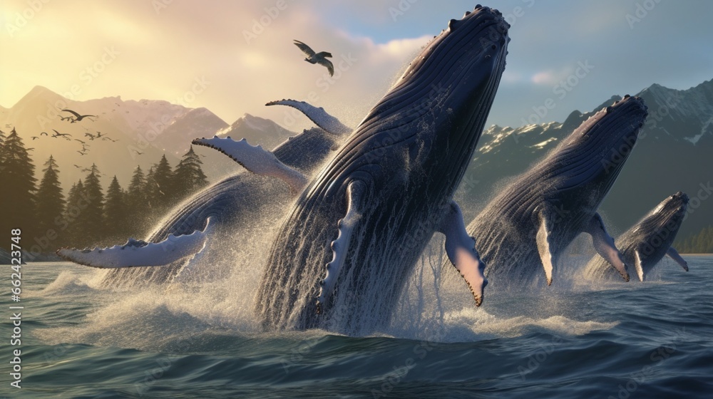 Majestic pod of humpback whales breaching in unison, creating a ...