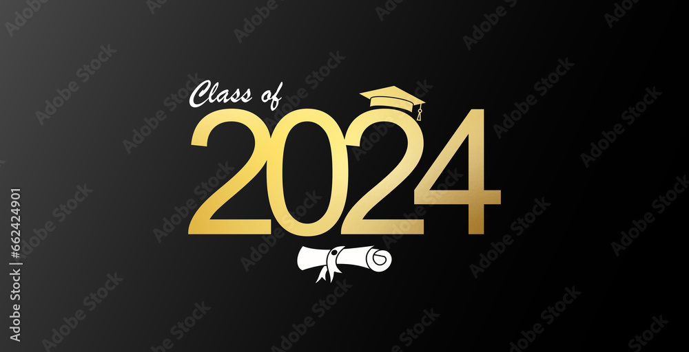 Gold design in black background for graduation ceremony. Class of 2024 ...