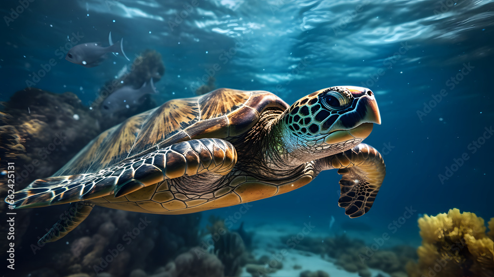 Loggerhead sea turtle swimming underwater in a vibrant marine reef ...