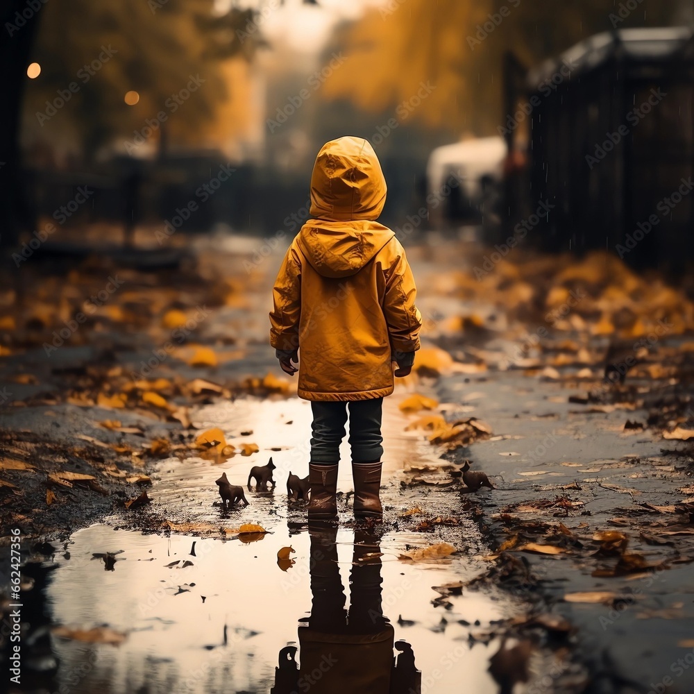 child walking in the park, A small child going through puddles on a ...