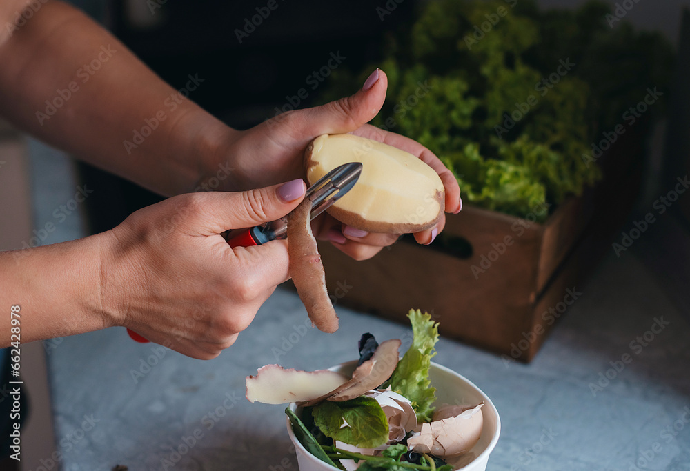 hands of cook cut peel of raw potatoes , peeler, put food waste in ...