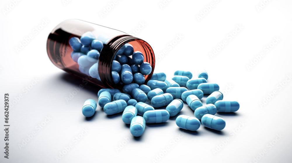 An open brown prescription bottle reveals various pills and capsules ...