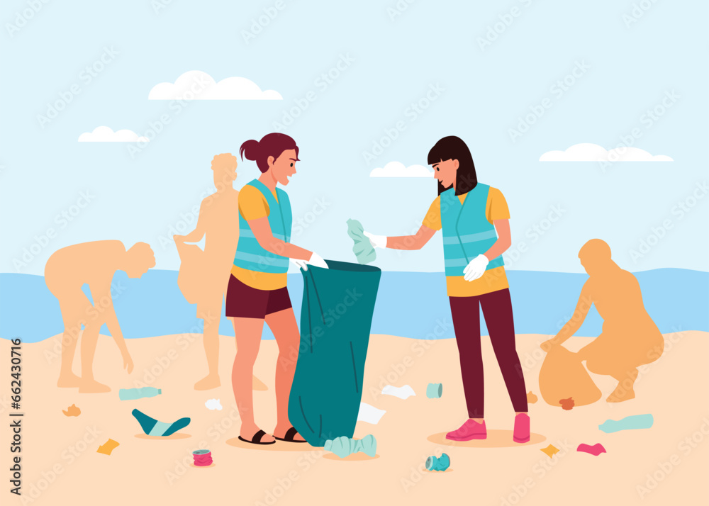 Vector illustration of people cleaning a polluted beach. Cartoon scene ...