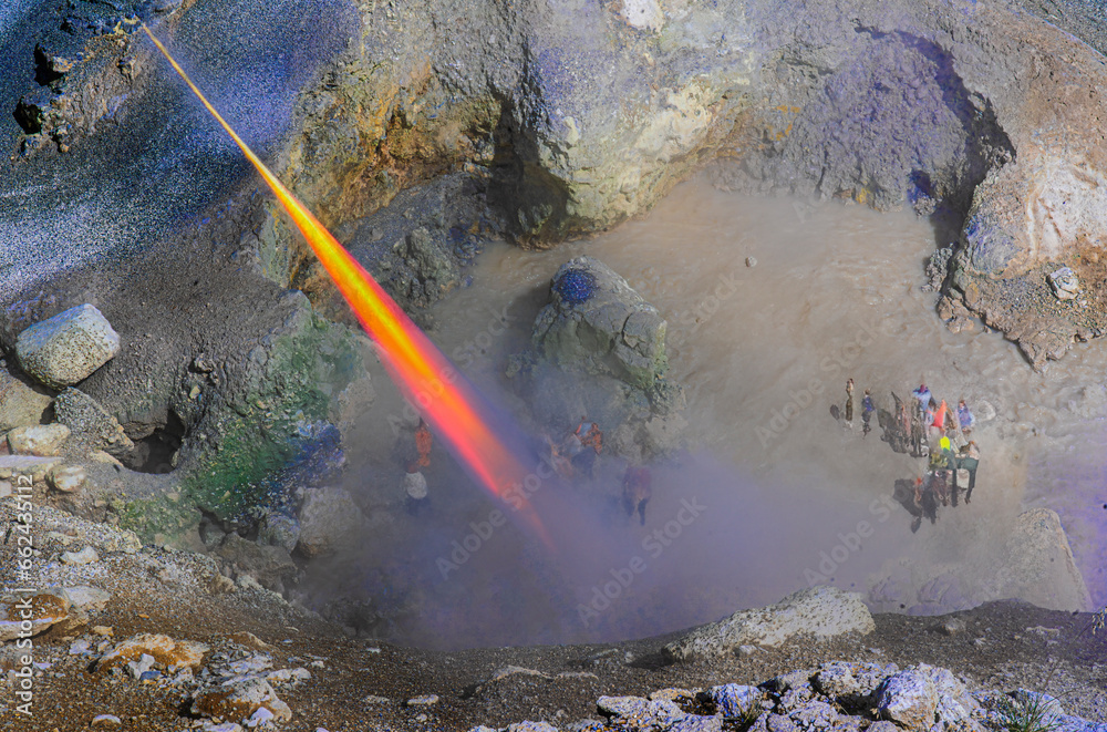 AI composite shows people in pit with fire or explosion of light from ...