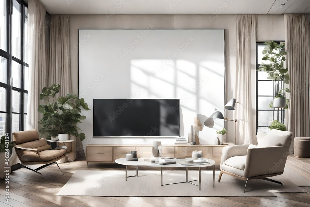 A Canvas Frame for a mockup in a modern TV room with expansive windows ...