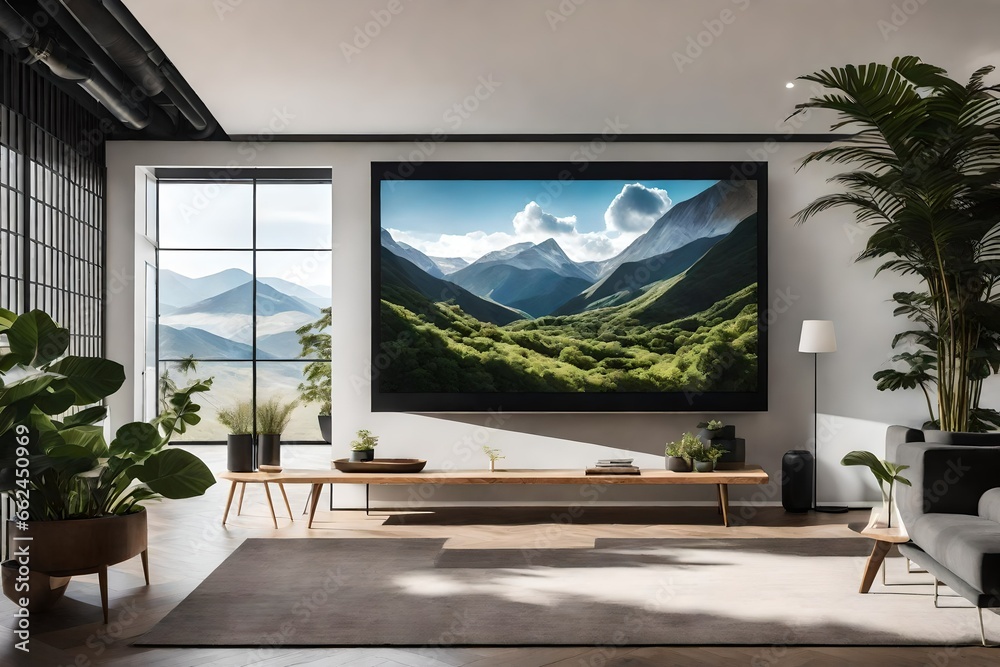 A Canvas Frame for a mockup in a modern TV room with biophilic design ...