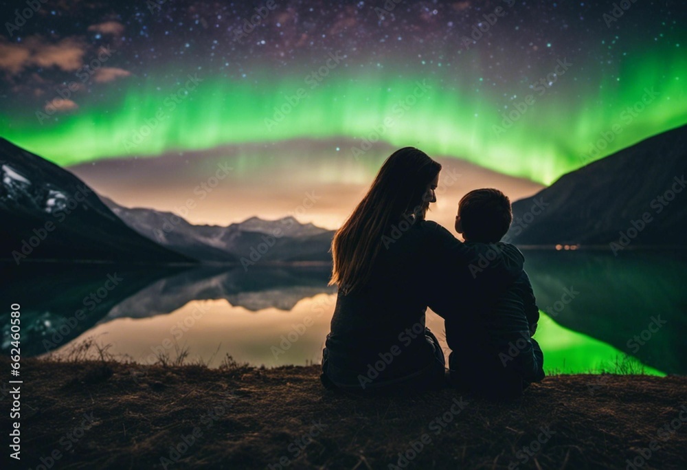 AI generated illustration of A mother and son admire the breathtaking ...